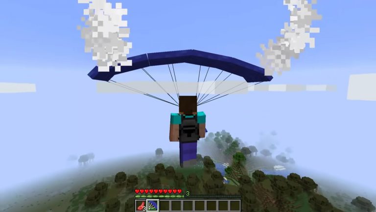 Parachuting in Minecraft game world with Parachute Mod 1.15.2