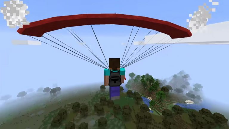 Parachuting in Minecraft game world with Parachute Mod 1.15.2